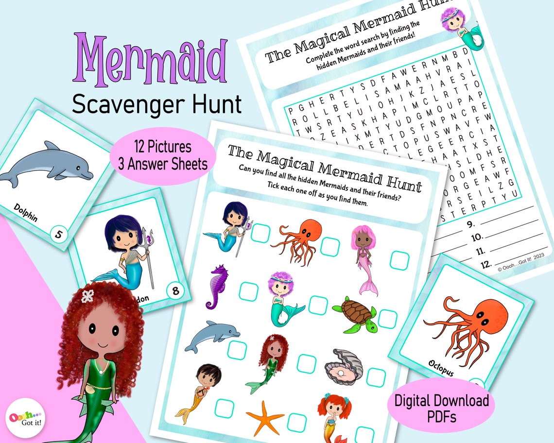 Mermaid Scavenger Hunt, a Cute Printable Under the Sea Picture Matching ...