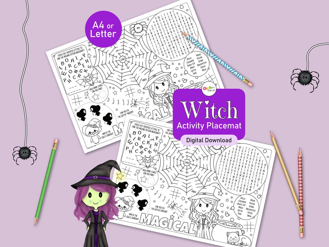 Witch Activity Placemat, a Printable Halloween Coloring & Puzzle Sheet ...