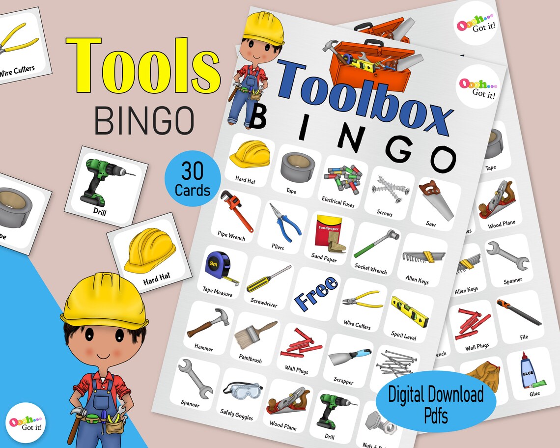 Toolbox Bingo, a Printable Construction Party Game, 30 Bingo Cards for ...