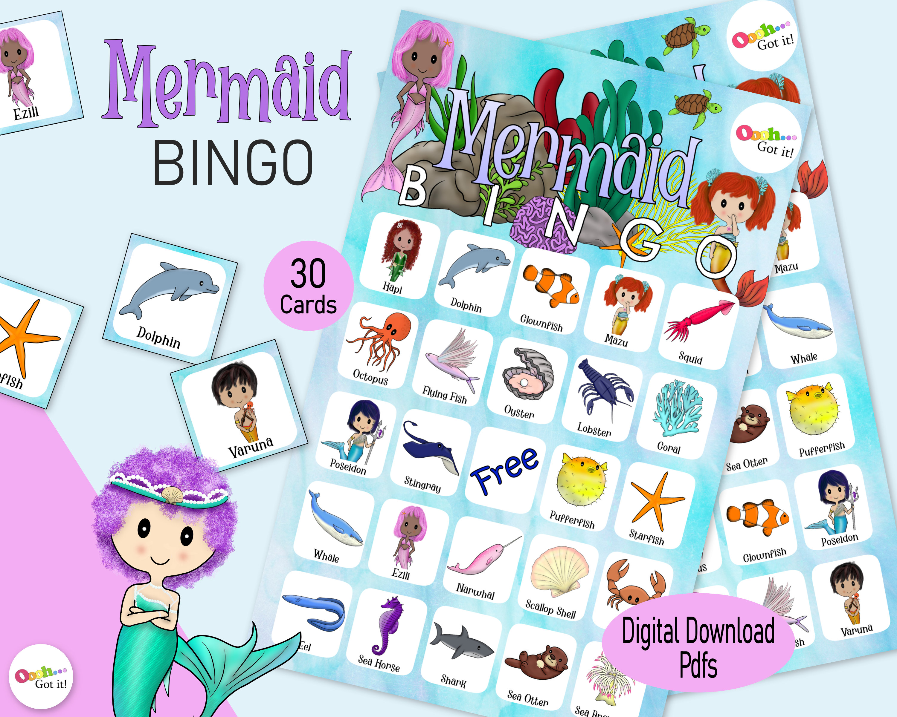 Mermaid Bingo Game, a Printable Under the Sea Kids Activity, for a ...