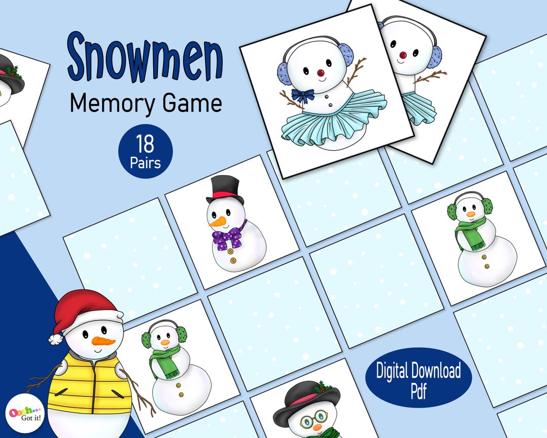 Snowman Memory Card Game, a Printable Winter Picture Matching Game for ...