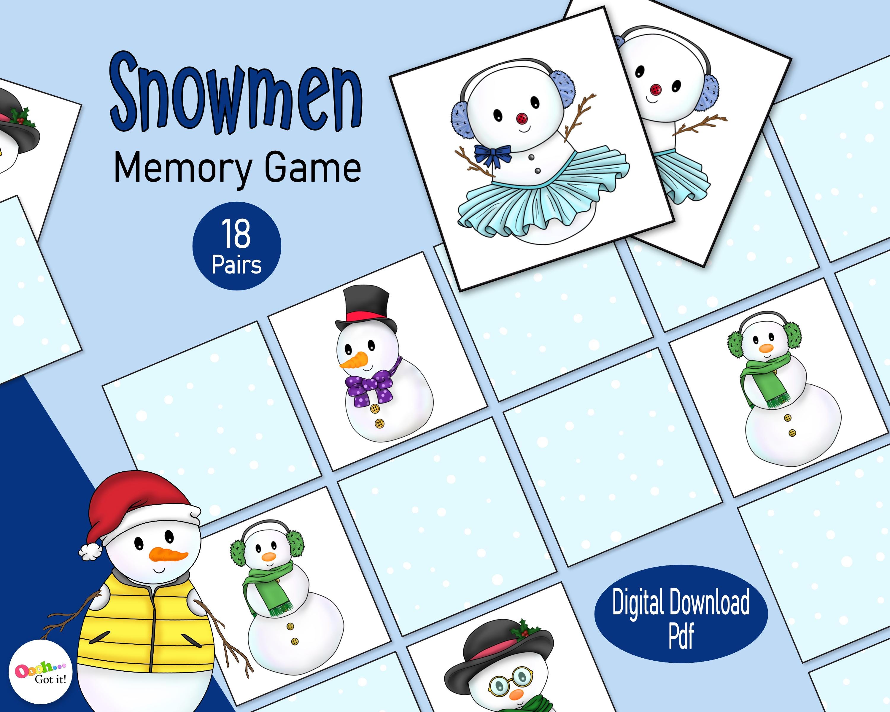 Snowman Memory Card Game, a Printable Winter Picture Matching Game for ...