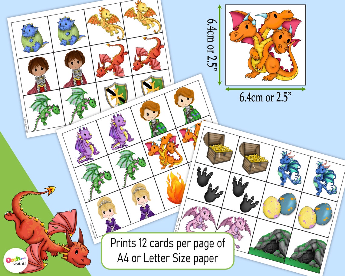 Dragon Memory Card Game, a Printable Fantasy Dragons & Knights Picture ...