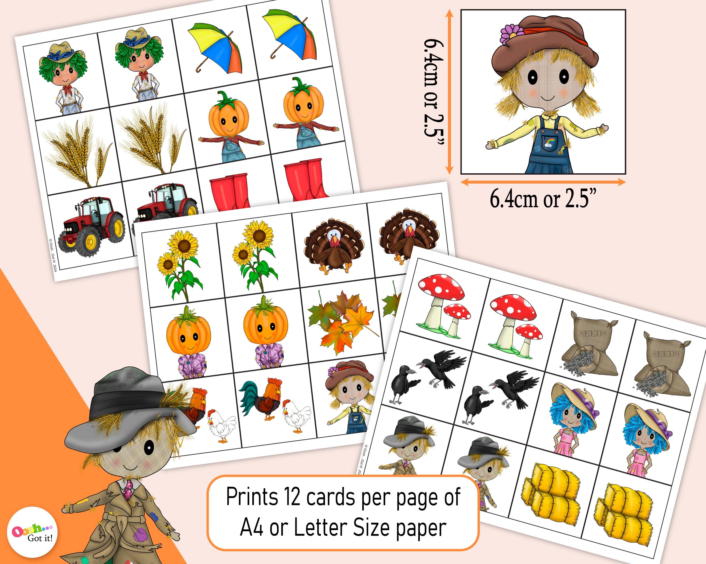 Scarecrow Memory Card Game, a Printable Fall Harvest Picture Matching ...