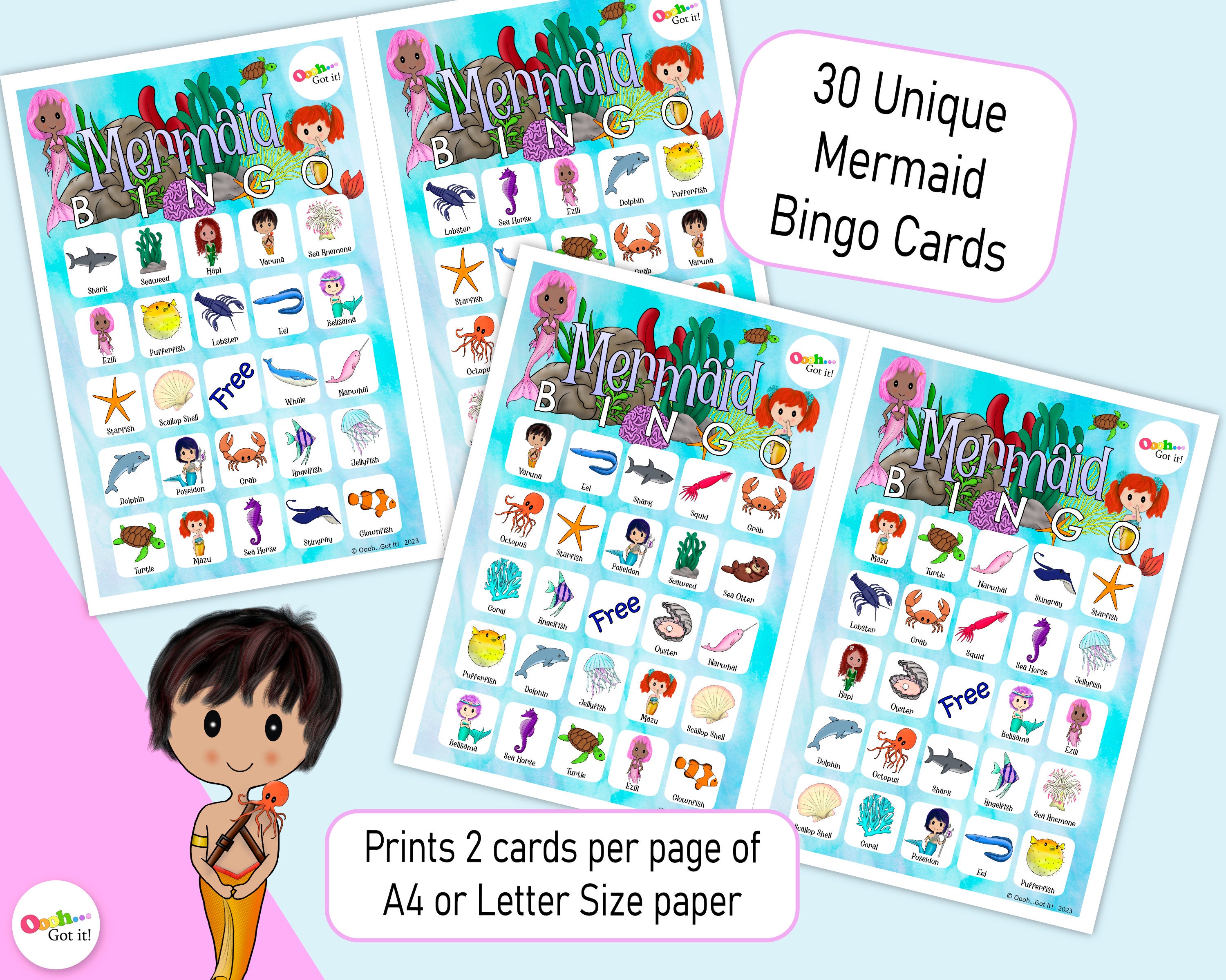 Mermaid Bingo Game, a Printable Under the Sea Kids Activity, for a ...
