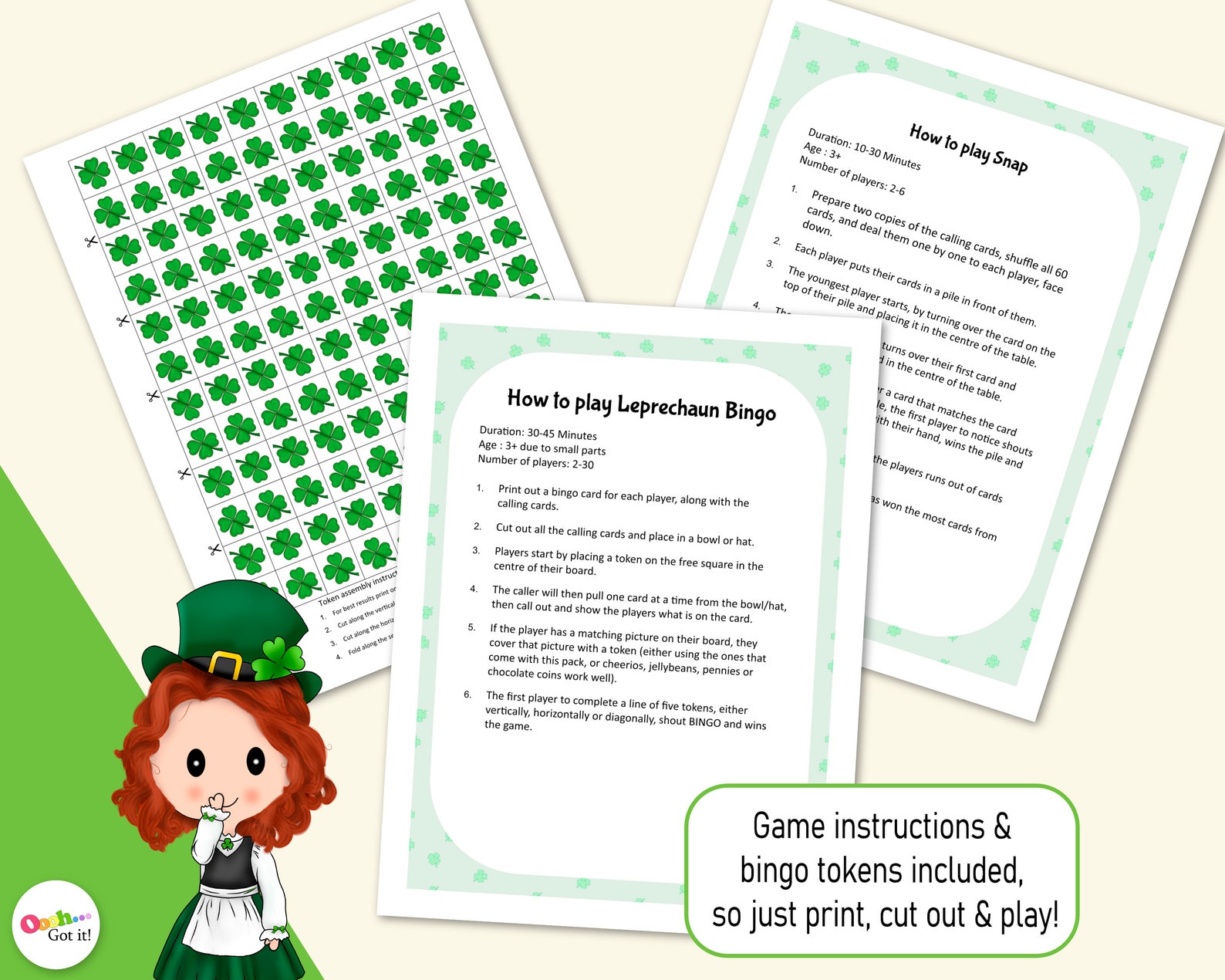 St. Patrick's Day Bingo, a Printable Leprechaun Game, a Irish Shamrock ...