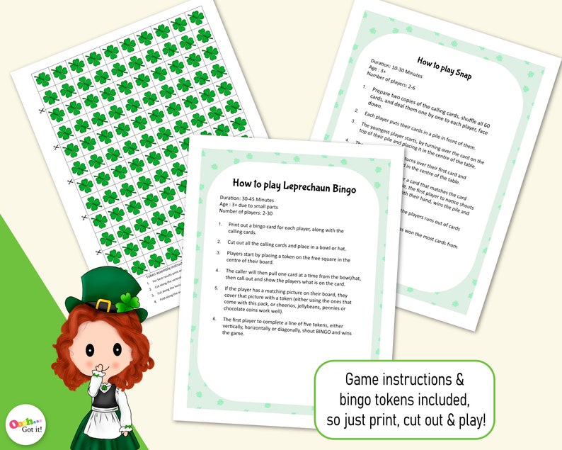 St. Patrick's Day Bingo, a Printable Leprechaun Game, a Irish Shamrock ...