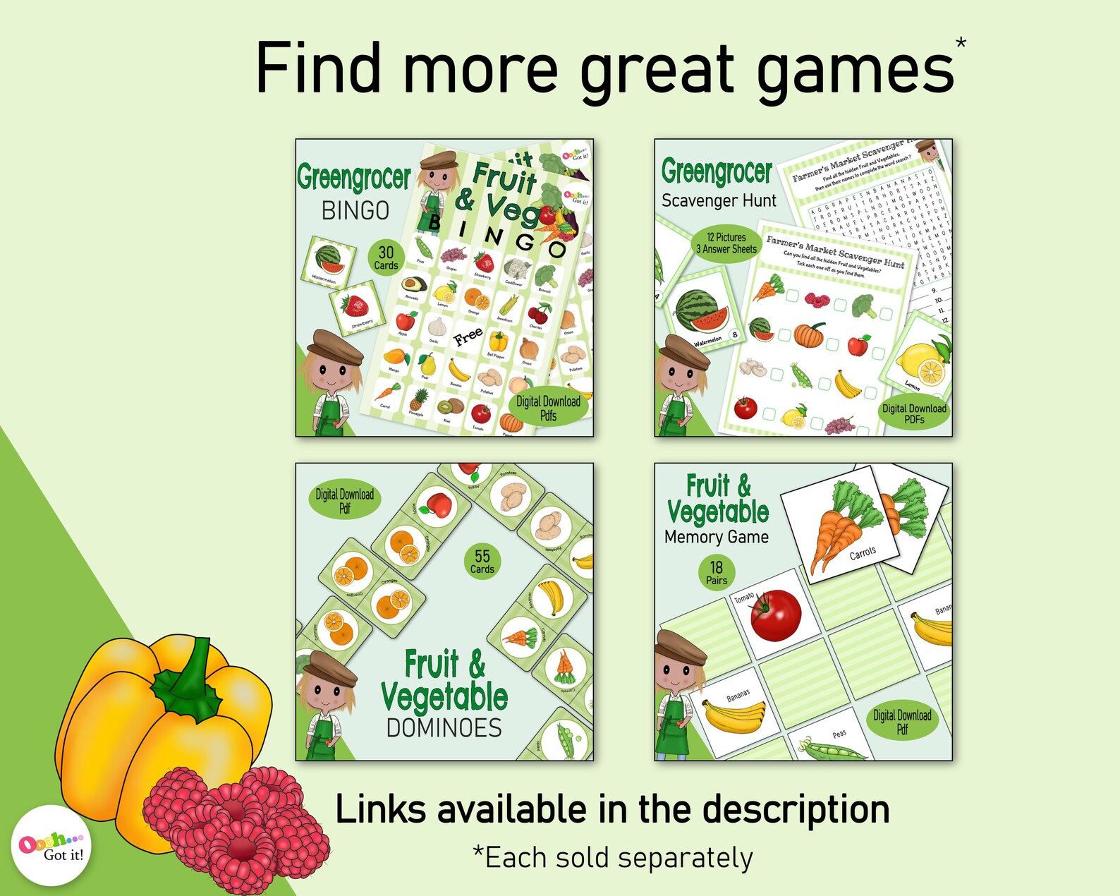 Fruit & Vegetable Memory Game, a Greengrocer, Farmers Market, Healthy ...