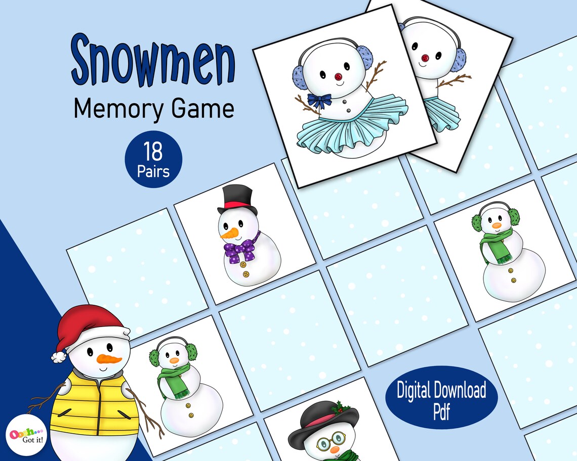 Snowman Memory Card Game, a Printable Winter Picture Matching Game for ...