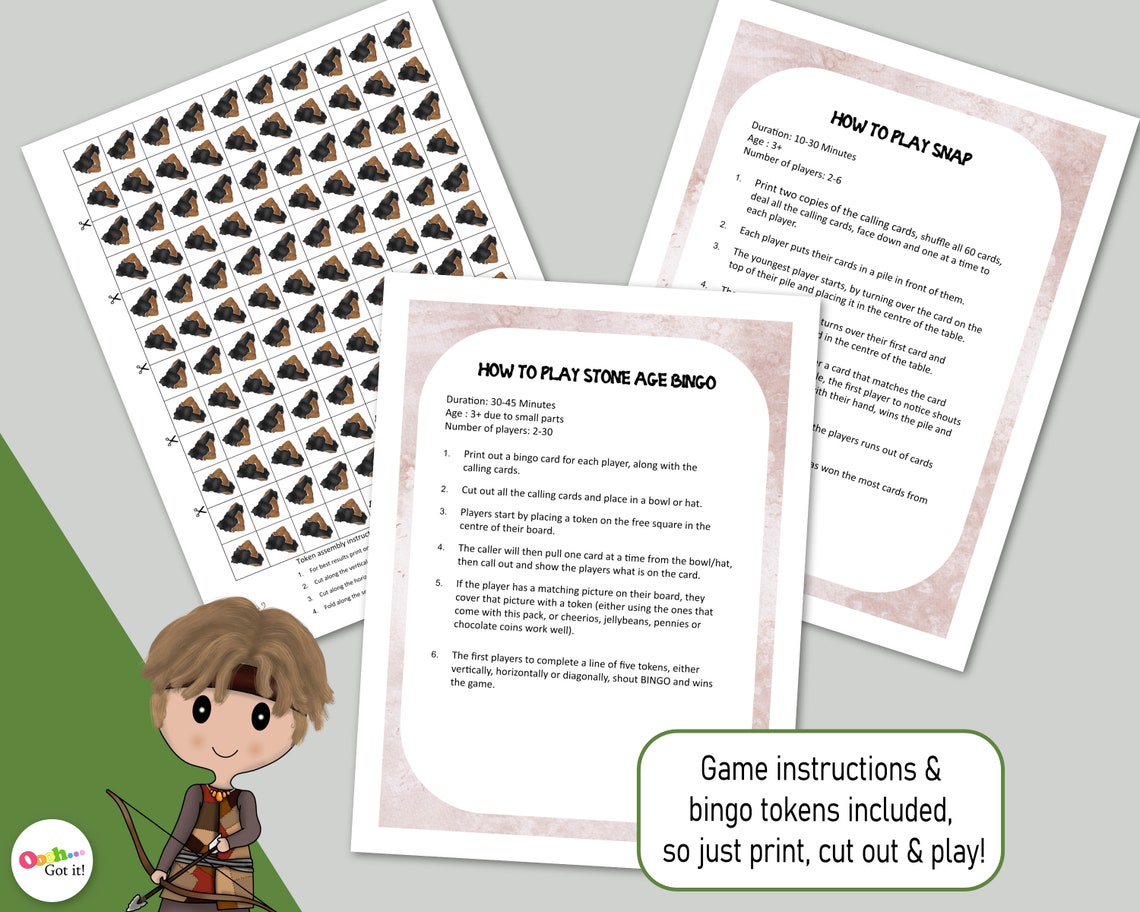 Stone Age Bingo Cards, a Printable Prehistoric Party Game, Kids ...