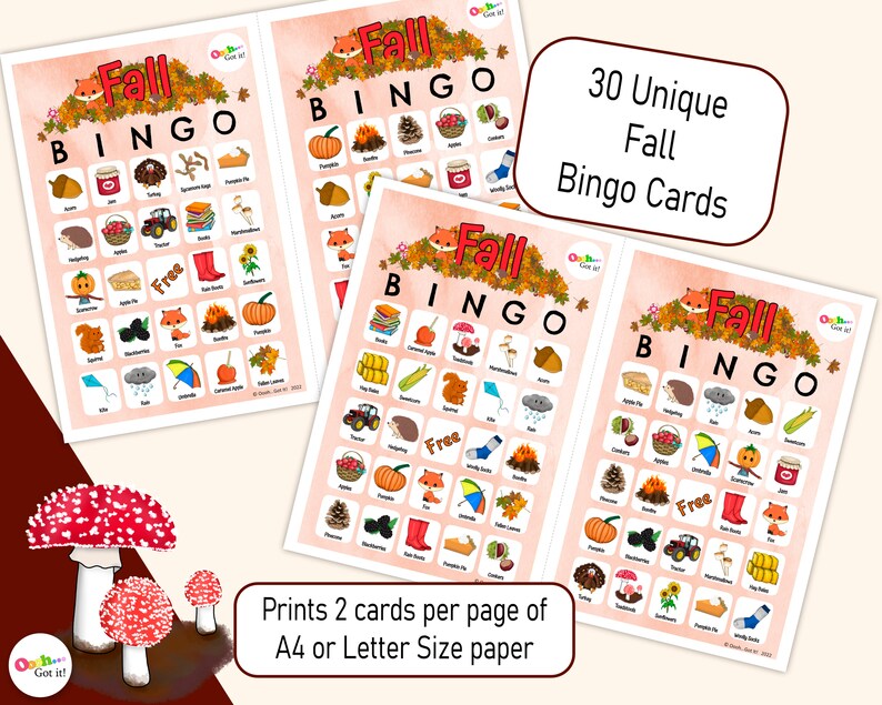 Fall Bingo, a Autumn Printable Kids Activity, 30 Cards for September ...