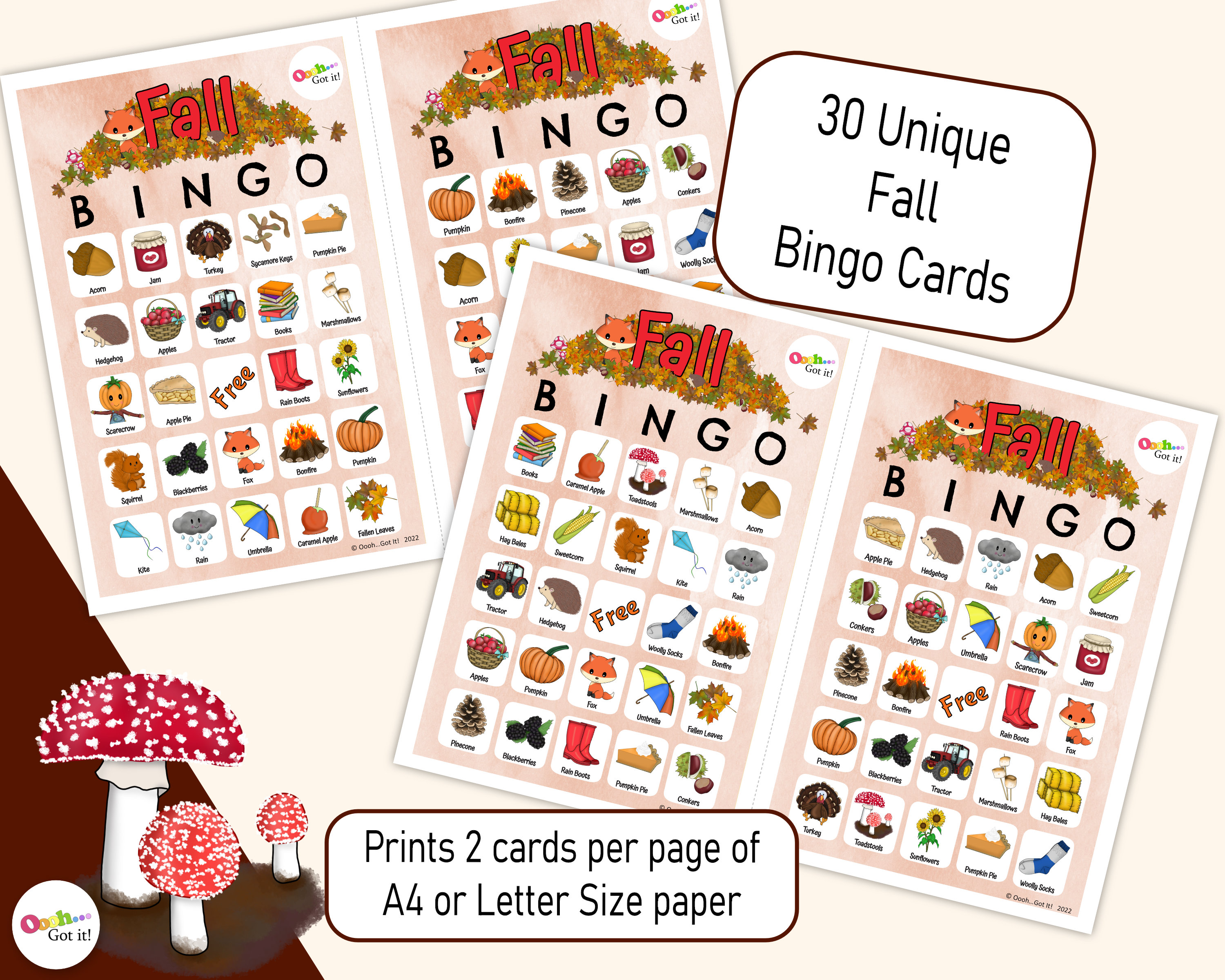 Fall Bingo, a Autumn Printable Kids Activity, 30 Cards for September ...