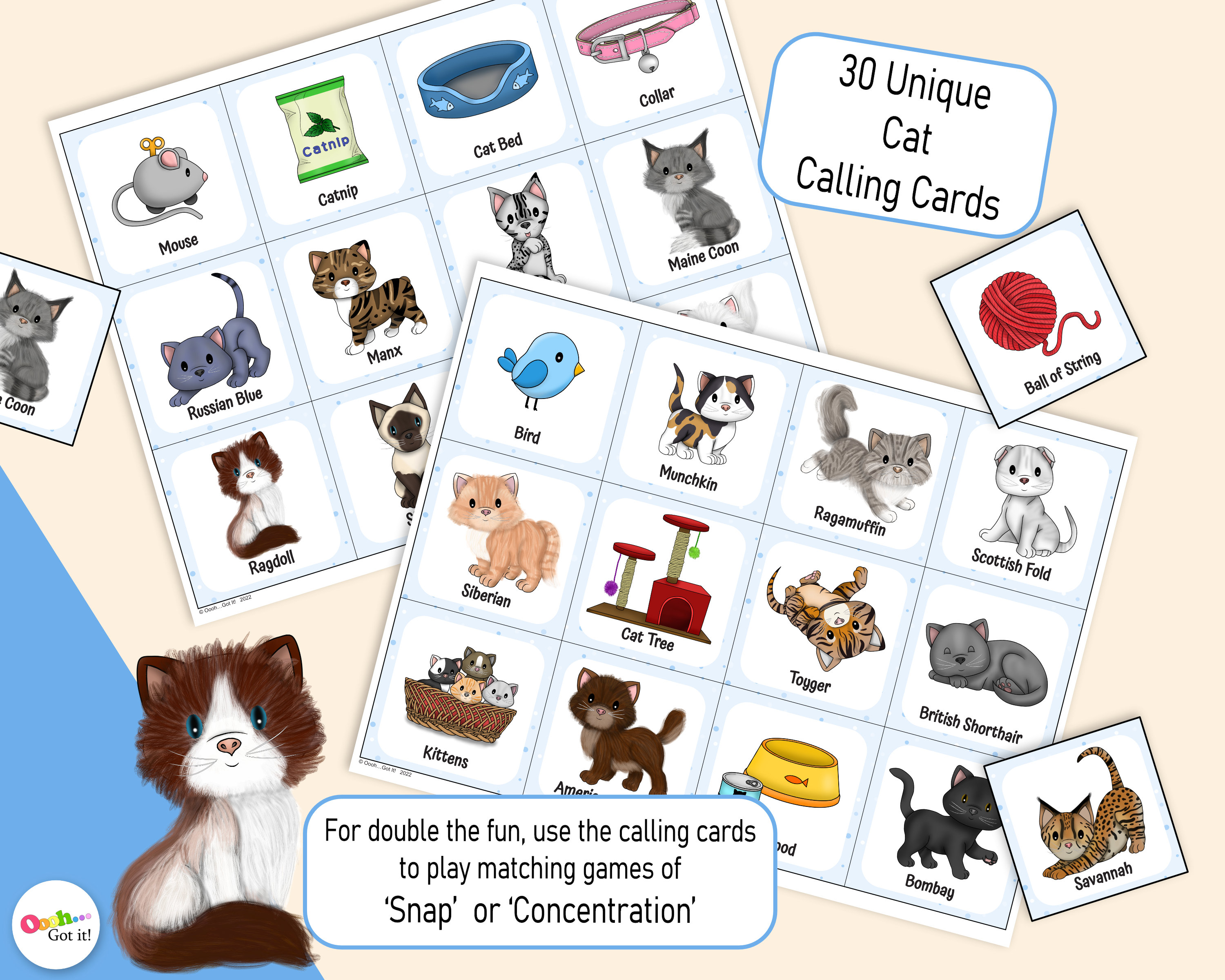 Cat Bingo, 30 Printable Kitten Cards, a Girls 2nd Birthday Party Game ...