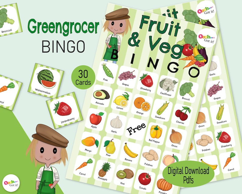 Fruit & Vegetable Bingo Cards, a Greengrocer, Farmers Market Printable ...