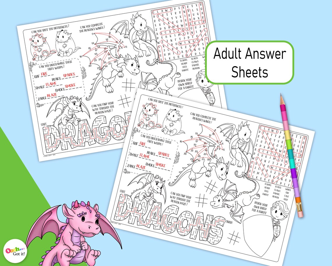 Dragon Placemat, a Printable Birthday Party Activity Sheet for Kids, a ...