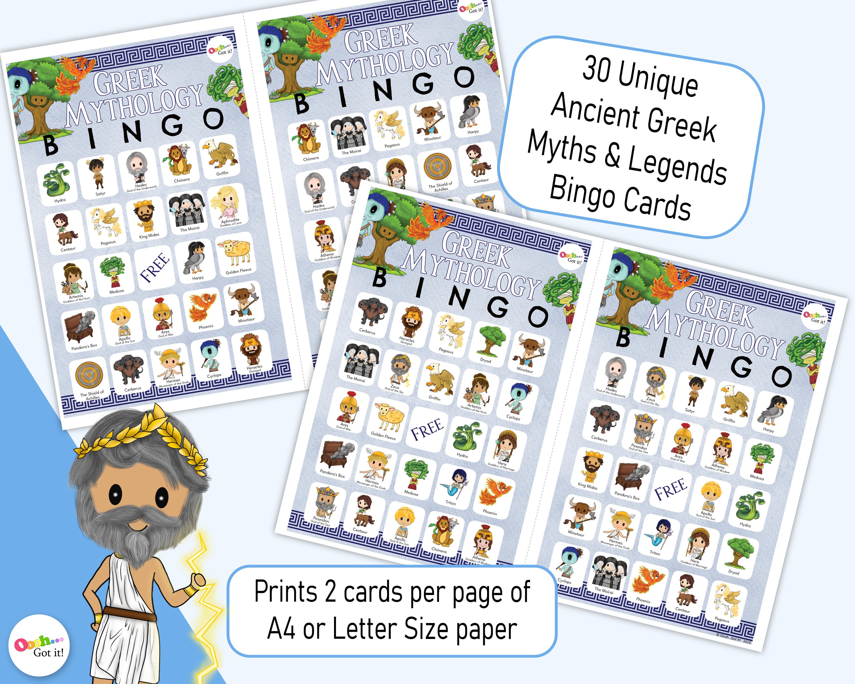 Greek Mythology Bingo Game for Kids Greek Gods and Goddesses 30 ...
