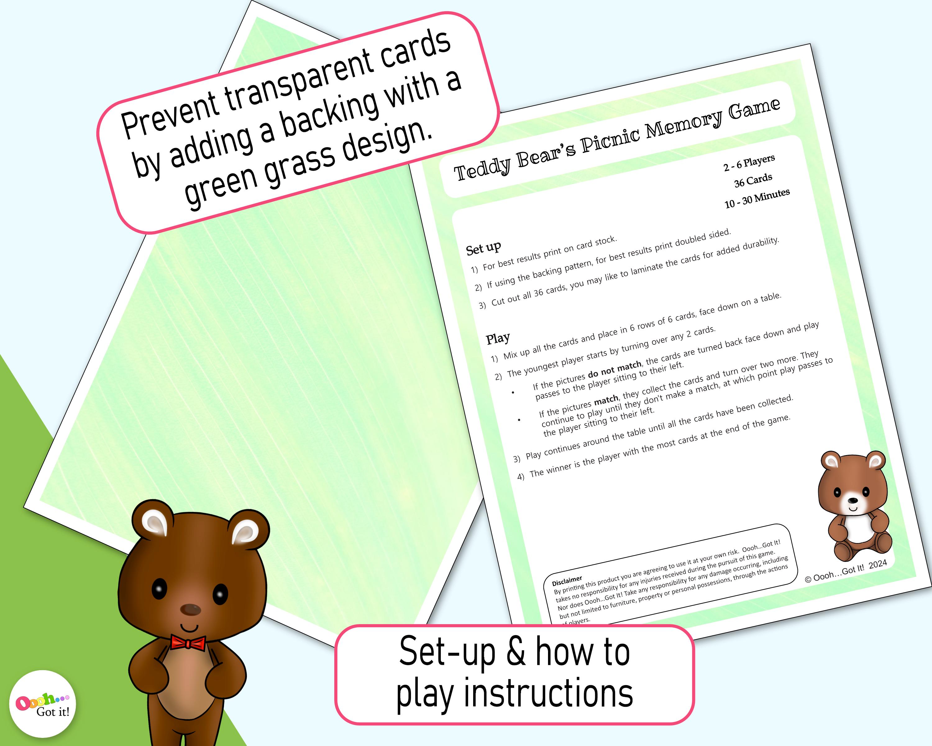 Teddy Bear Picnic Memory Cards, a Printable Picture Matching Game for ...