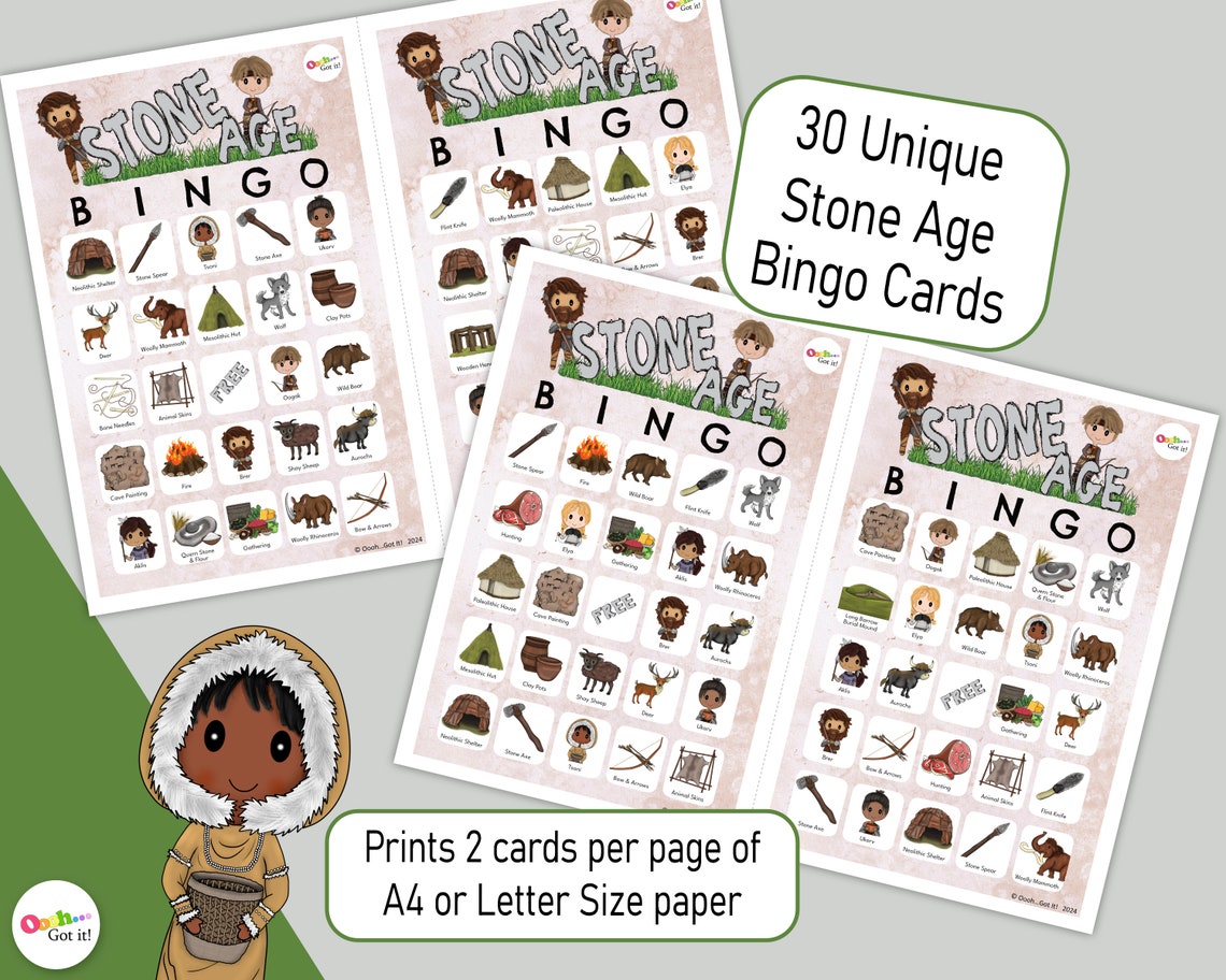 Stone Age Bingo Cards, a Printable Prehistoric Party Game, Kids ...