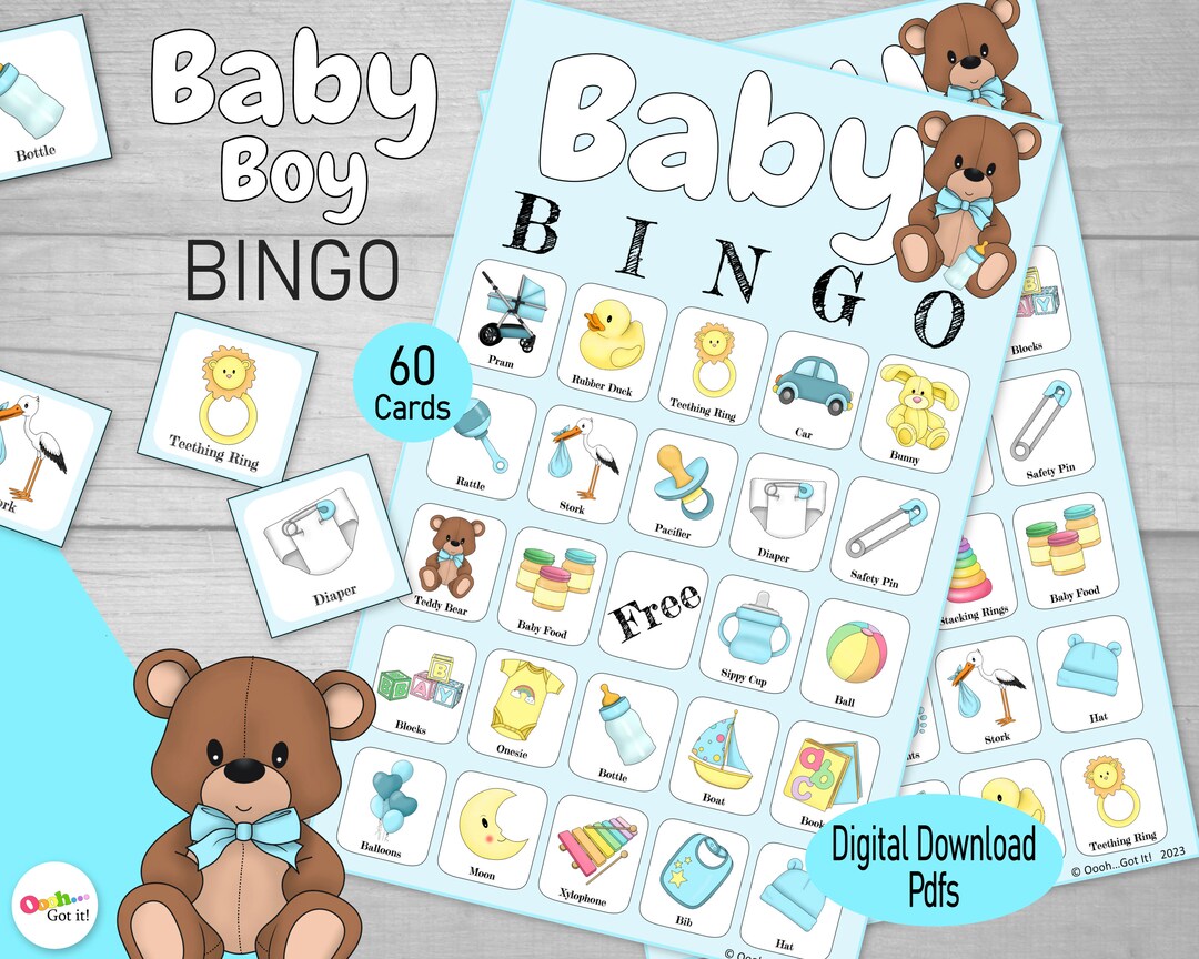 Baby Shower Bingo, 60 Printable Prefilled Bingo Cards, for a Baby Boy ...