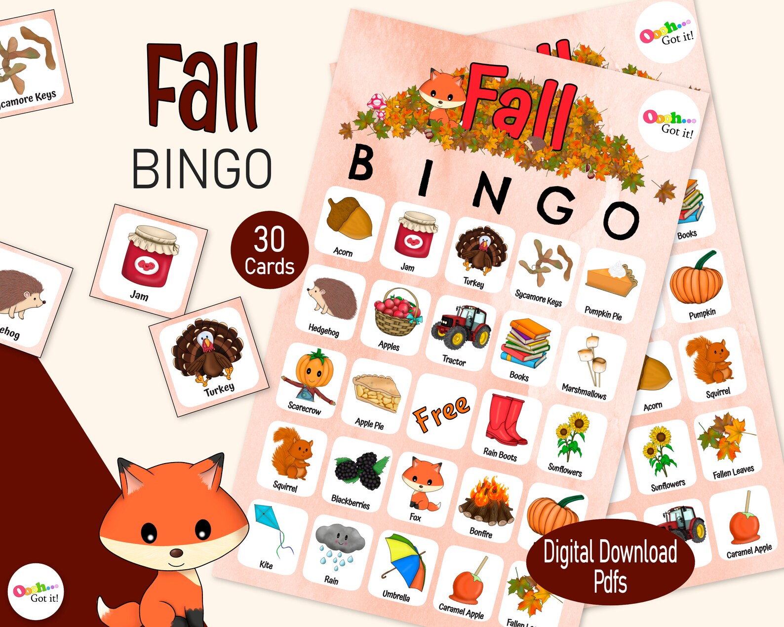 Fall Bingo, a Autumn Printable Kids Activity, 30 Cards for September ...