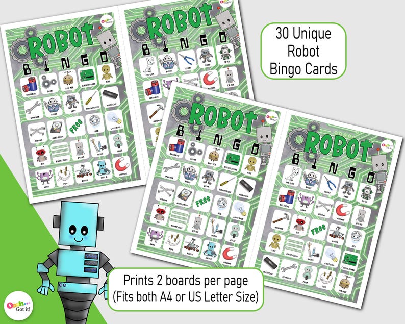Robot Bingo Cards, a Printable Boys Birthday Party Game, a Instant ...