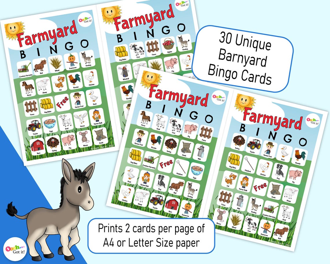 Farm Animals Bingo, a Printable Farmyard Kids Game, 30 Cards for a ...