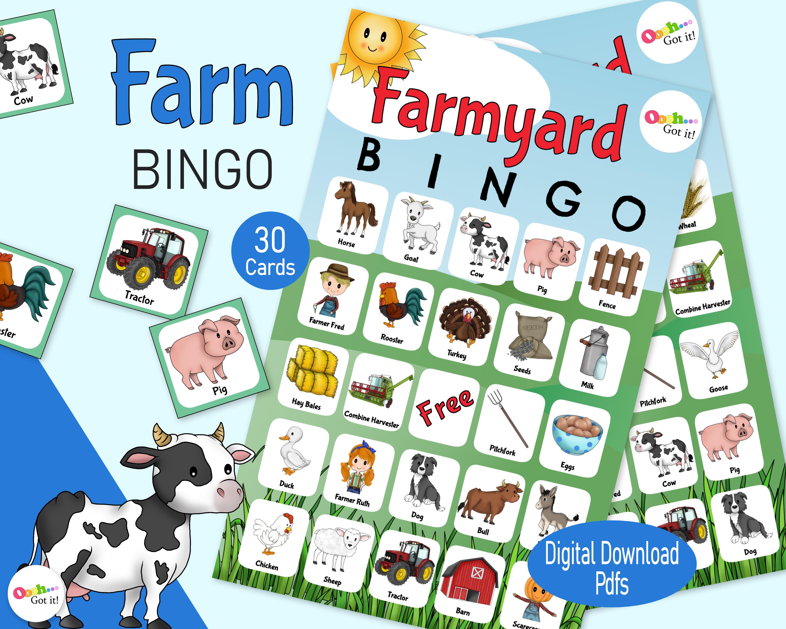 Farm Animals Bingo, a Printable Farmyard Kids Game, 30 Cards for a ...