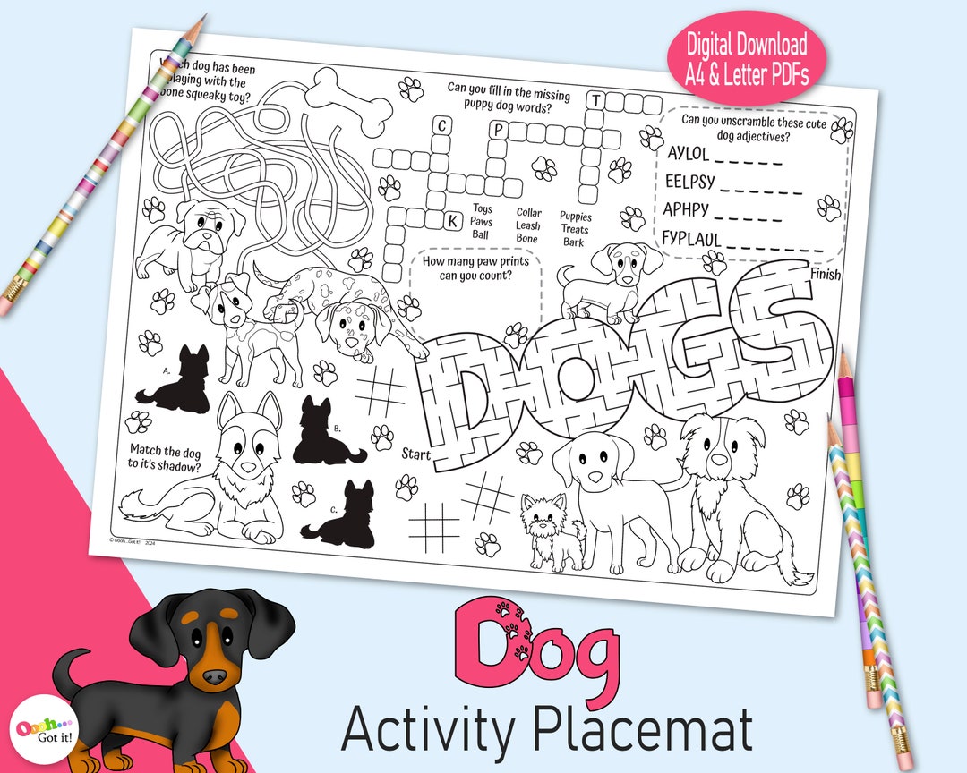 Dog Placemat, a Printable Birthday Party Activity Sheet for Kids, a ...