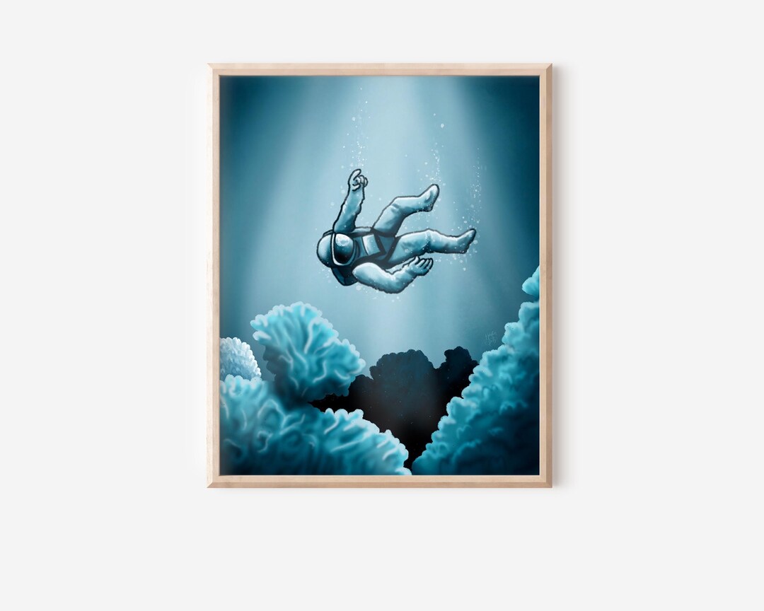 Underwater Astronaut Art Print, Monochromatic Blue Surreal Poster ...