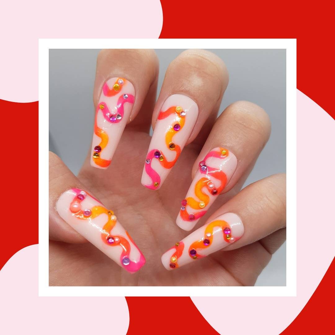 Nicky - Neon Powdered Swirly Press on Nail Set With Rhinestones and ...