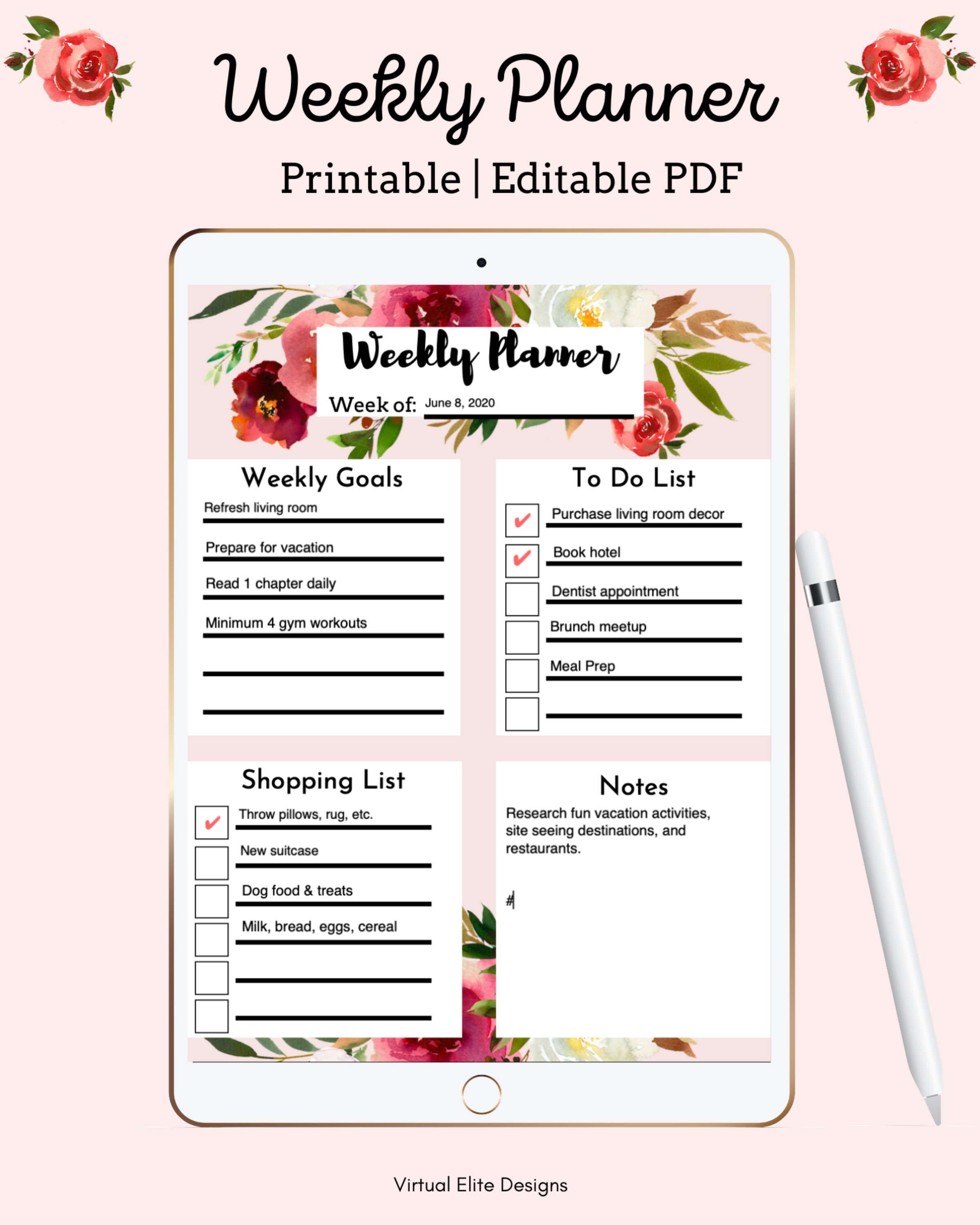 Digital Weekly Planner, Printable, Weekly Agenda, Weekly Schedule ...