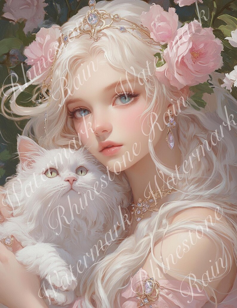Fairy Princess With White Cat PNG Prints: Elf Kitten Art (digital ...