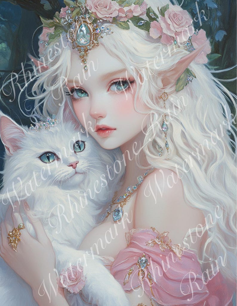 Fairy Princess With White Cat PNG Prints: Elf Kitten Art (digital ...