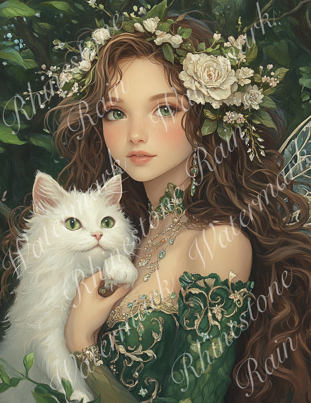Fairy Princess With White Cat Art Prints: Fantasy Kitten Illustration ...