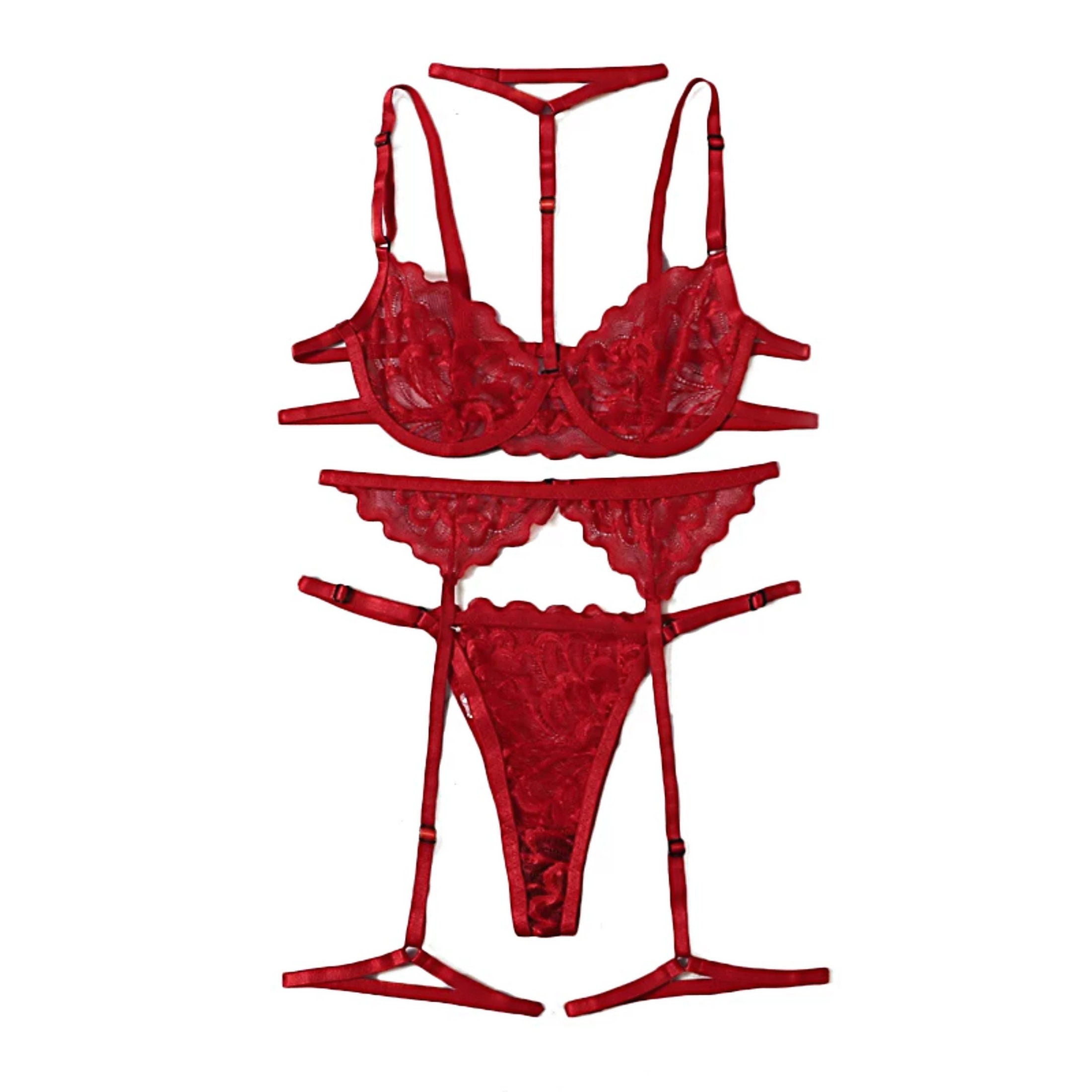 Red Floral Lace Garter Lingerie Set Underwire Bra And Thongs Etsy