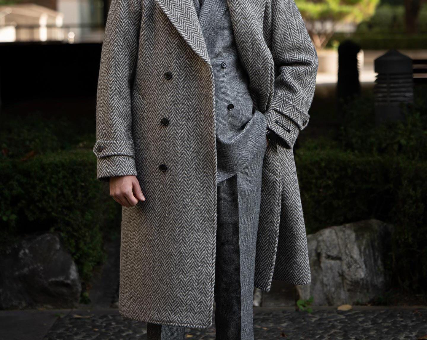 Men's 1920 Gray Herringbone Tweed Woolen Long Coat, Vintage Double ...