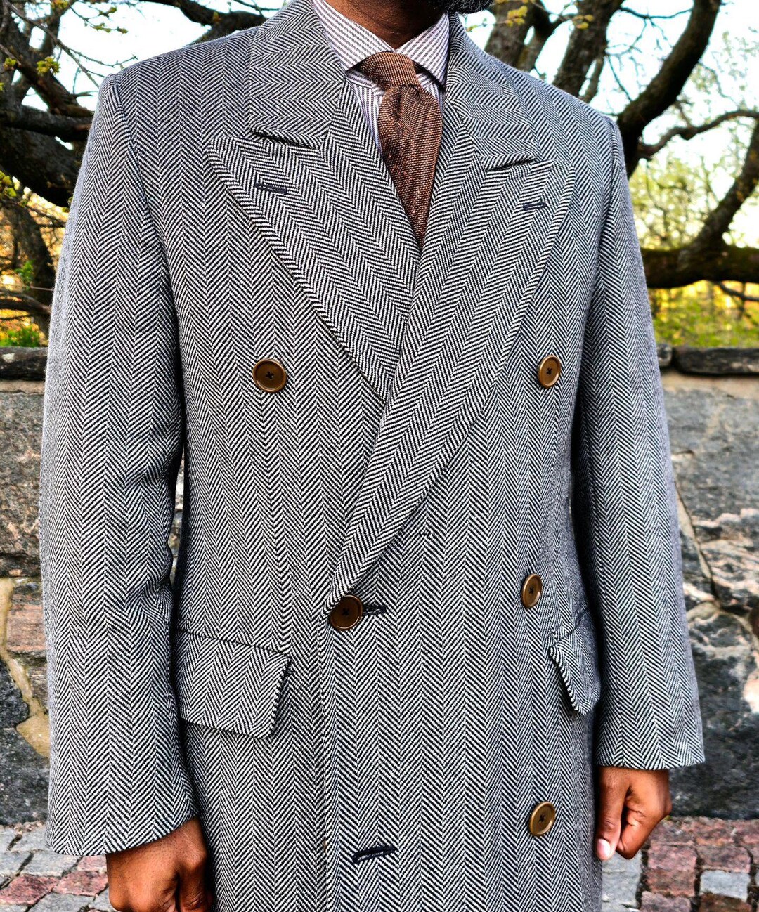 Men's 1920 Grey Herringbone Tweed Woolen Long Coat, Vintage Double ...