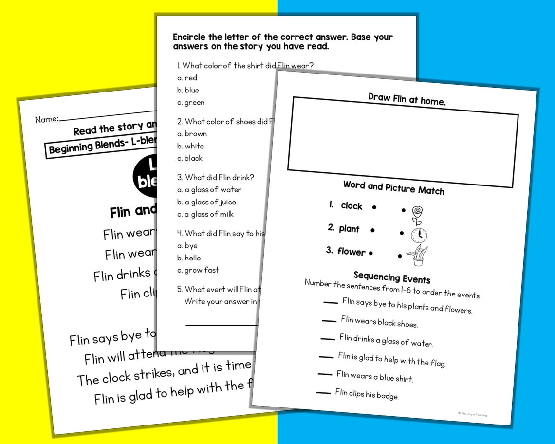 Beginning Blends Reading Comprehension Passage - Etsy