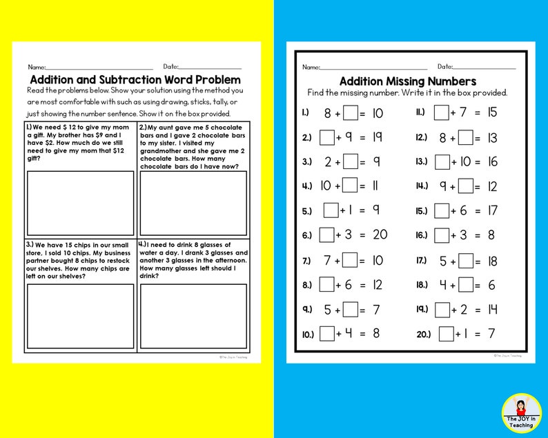 Addition Numbers 1-20 Worksheet - Etsy