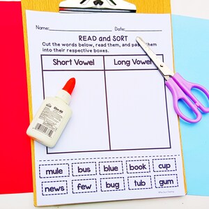 Short and Long Vowel Cut and Paste Worksheet - Etsy