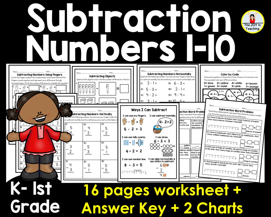 Subtraction Numbers 1-10 Worksheet - Etsy