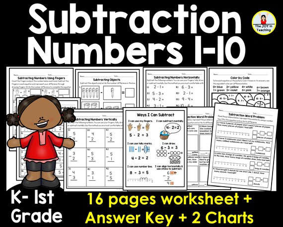 Subtraction Numbers 1-10 Worksheet | Etsy