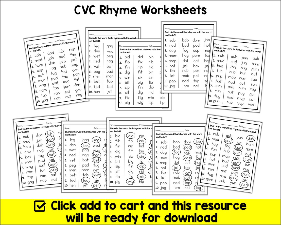 CVC Rhyming Words Worksheet - Etsy