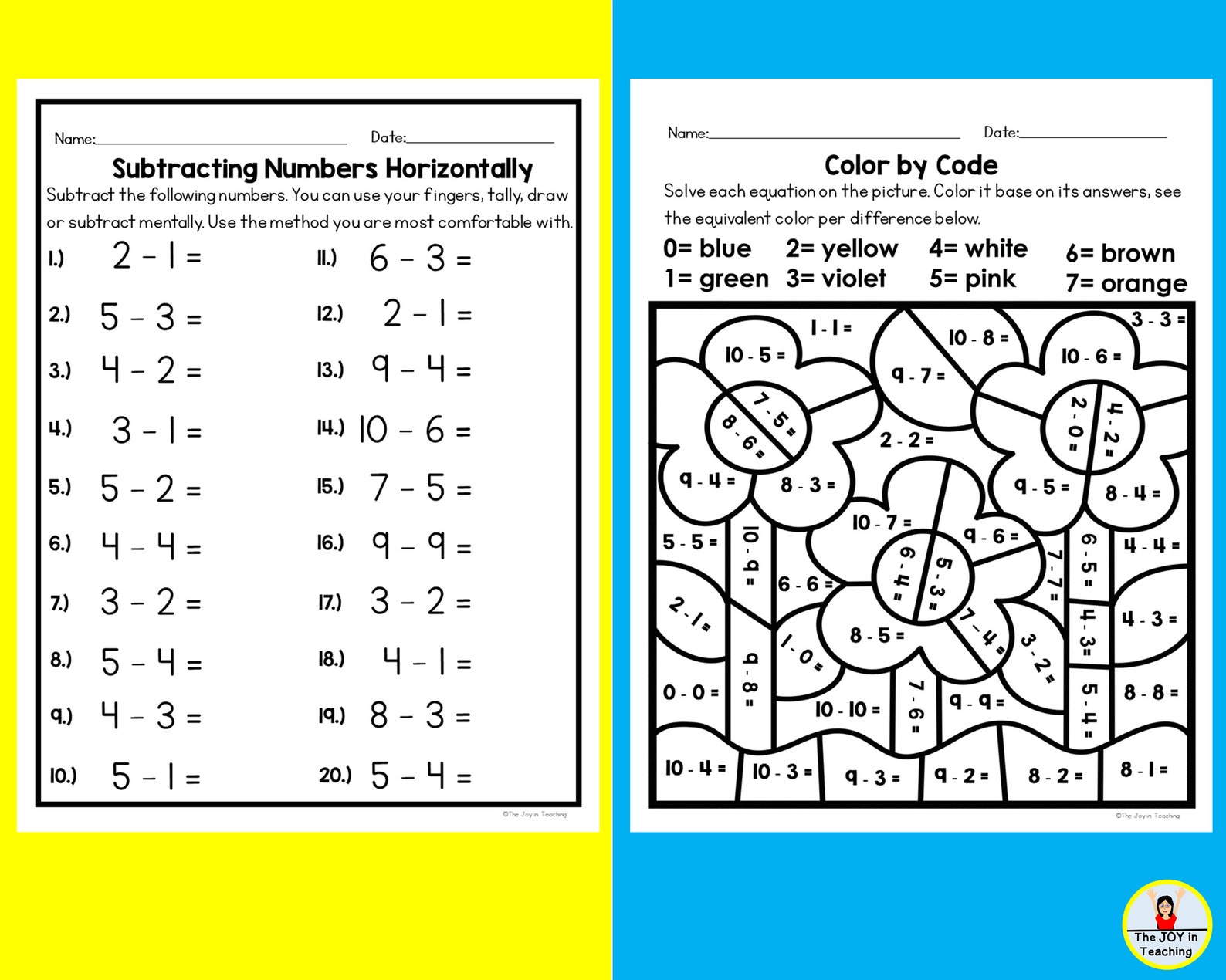 Subtraction Numbers 1-10 Worksheet - Etsy