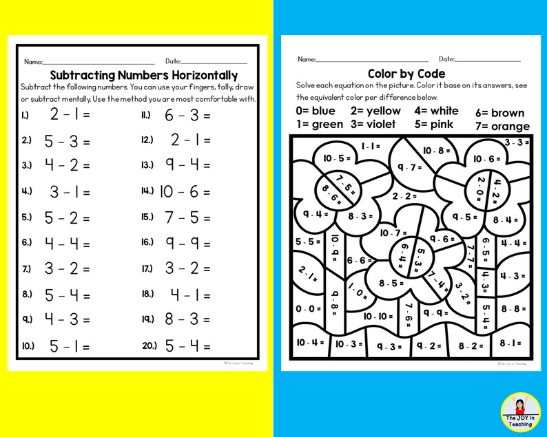 Subtraction Numbers 1-10 Worksheet - Etsy