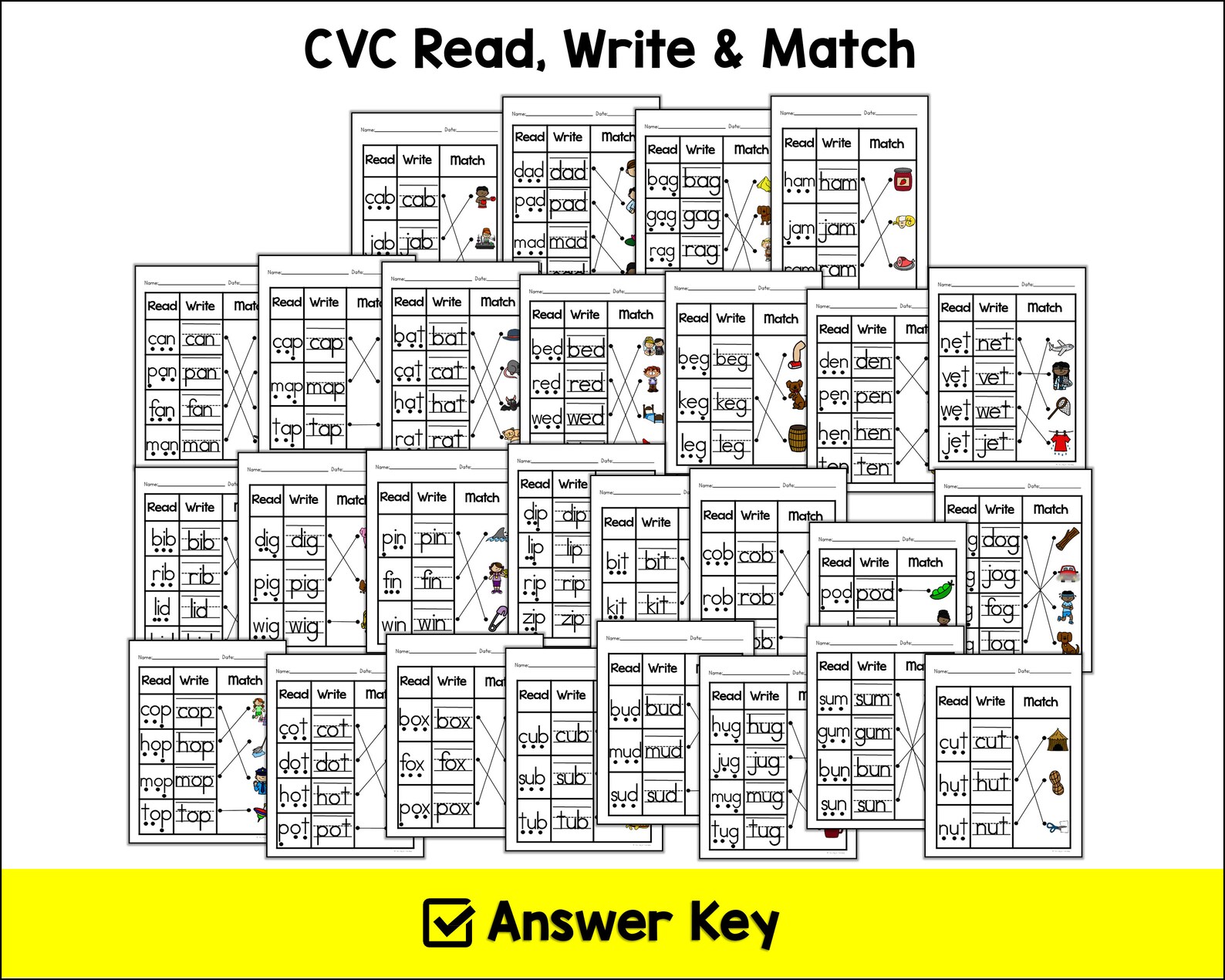 Kindergarten CVC Worksheet - Read, Write and Match - Etsy
