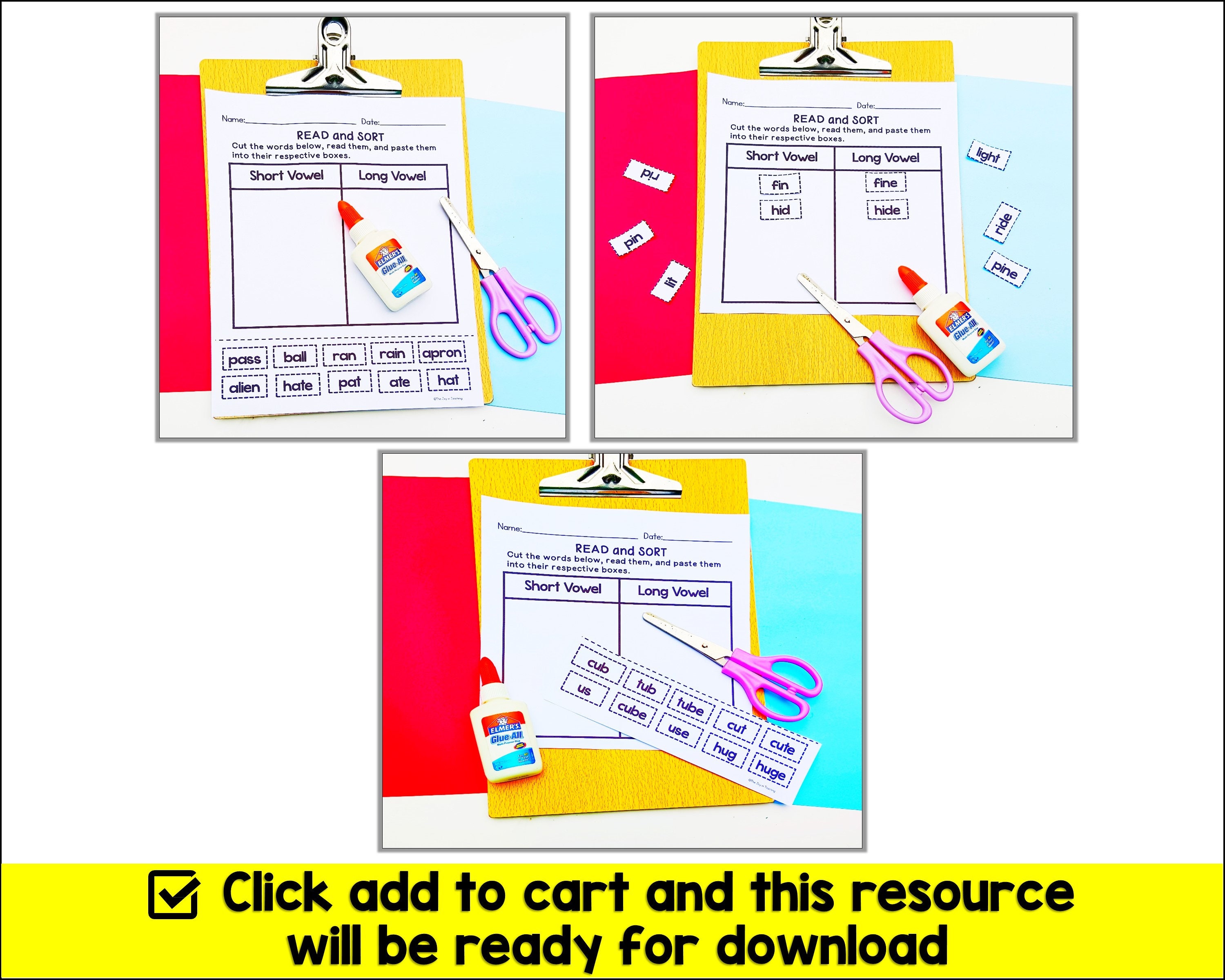 Short and Long Vowel Cut and Paste Worksheet - Etsy