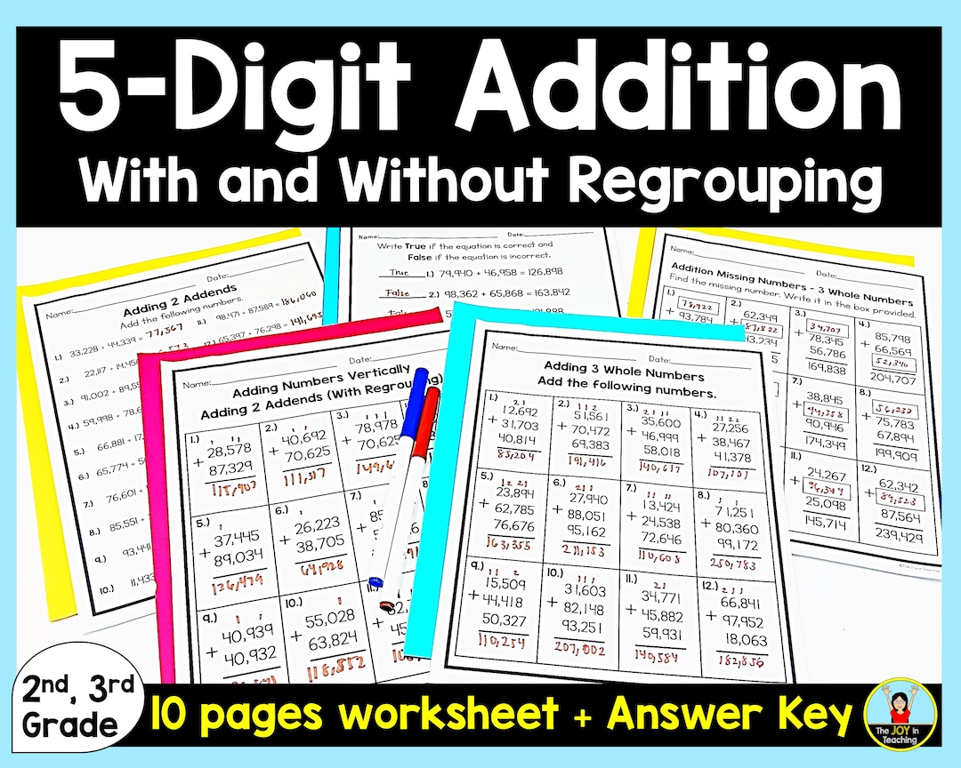 5-digit Addition Worksheets With Answer Keys (PDF) - Etsy