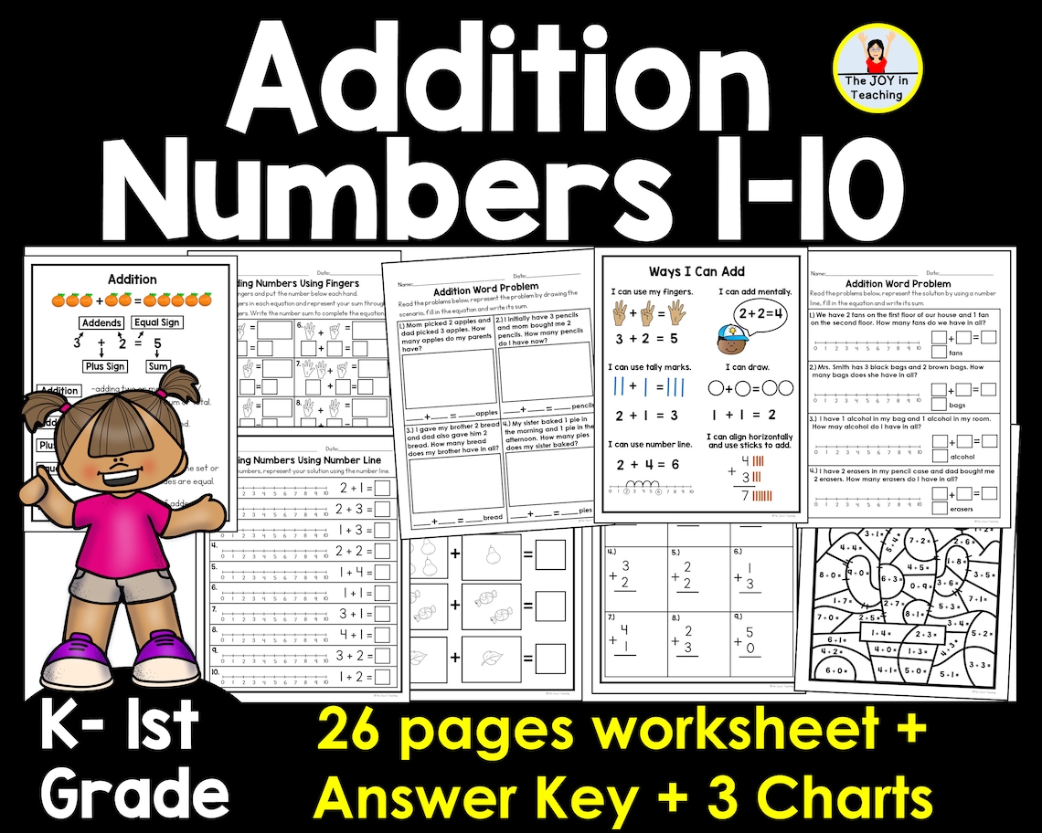 Addition Numbers 1-10 Worksheet - Etsy