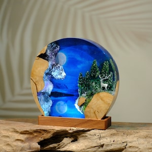 DEER and LANDSCAPE Under Moonlight Resin Lamp, Epoxy Resin Art, Desk ...